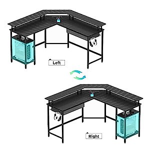 Rolanstar L Shaped Gaming Desk with Drawer, 55.1" Reversible Computer Desk with Power Outlets & LED Lights, Home Office Desk with Monitor Stand, Corner Desk with Hooks Cabon Fiber