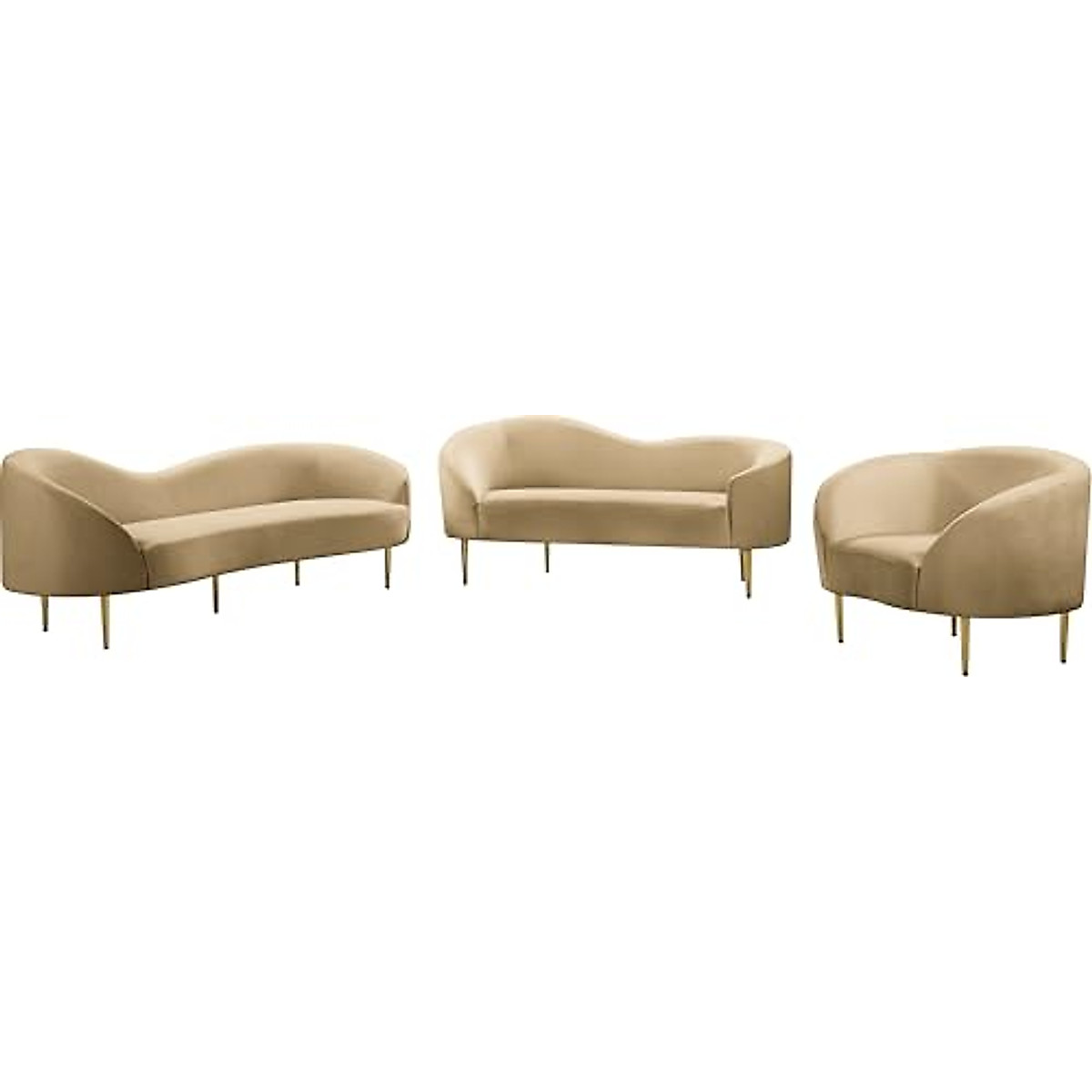 Meridian Furniture 659Camel-S Ritz Collection Modern | Contemporary Upholstered Sofa with Rich Camel Velvet, Gold Metal Legs, Curved Contemporary Design, 85.5" W x 31.75" D x 30.5" H, Camel