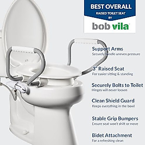 Bemis Assurance 3" Raised Toilet Seat with Handles and Bidet Attachment, Clean Shield Guard, Secure Hinges, Elongated, White