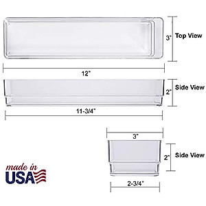 STORi SimpleSort 6-Piece Stackable Clear Drawer Organizer Set | 12" x 3" x 2" Rectangle Trays | Narrow Makeup Vanity Storage Bins and Office Desk Drawer Dividers | Made in USA