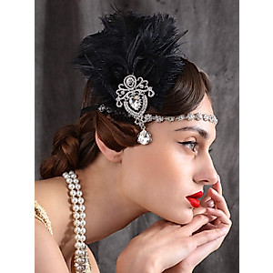 SWEETV 1920s Feather Headpiece Black, Womens Ostrich Feather Crystal Headband, Great Gatsby Hair Accessories for Women, Ribbon Tie