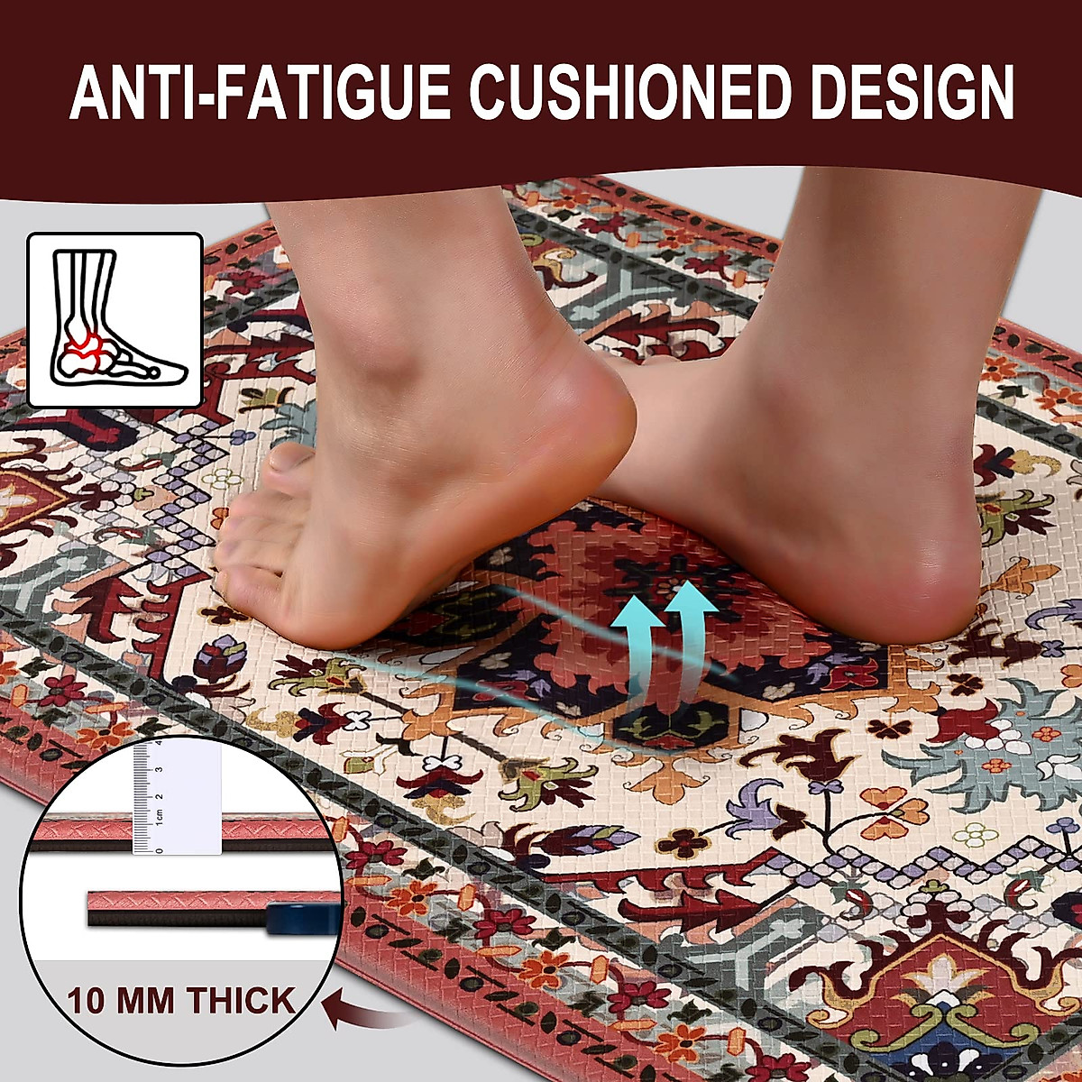 ASPMIZ Kitchen Mats Cushioned Anti Fatigue 2 Piece Set Boho, Washable Kitchen Rugs Non Slip Farmhouse, Bohemian Kitchen Floor Mats for in Front of Sink Waterproof, 17'' x 47'' + 17'' x 30'', Red