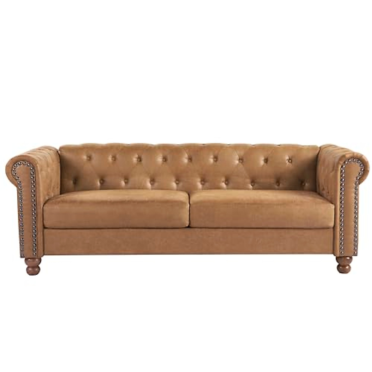 Lunanniu 80.31" Chesterfield Tufted Fabric Sofa 3 Seat Capacity High Tech Fabric Rolled Arm Nailhead Trim Thick Cushion Deep Seat Button Tufted Back Classic for Living Room Apartment Brown