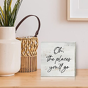 Oh the Places You'll Go Wood Box Sign Home Decor Rustic Nursery Quote Wooden Box Sign Block Plaque for Wall Tabletop Desk Home Nursery Decoration 5" x 5"