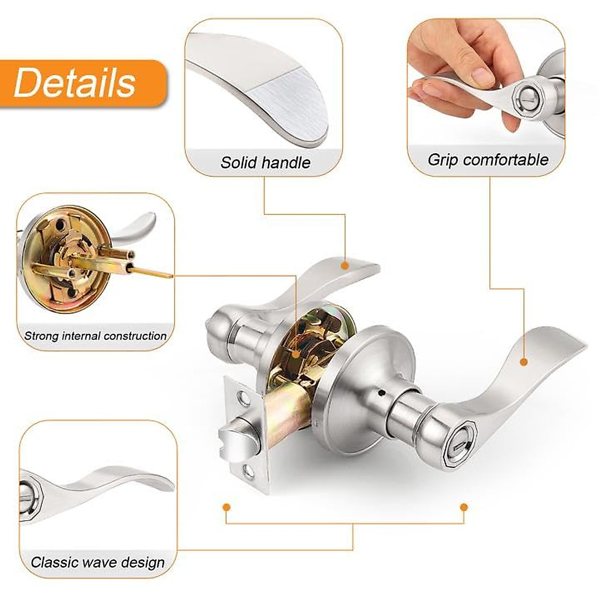 Probrico Privacy Door Levers Wave Style Handles Keyless Lock Bed Bath Door Lockset, Satin Nickel 6 Pack