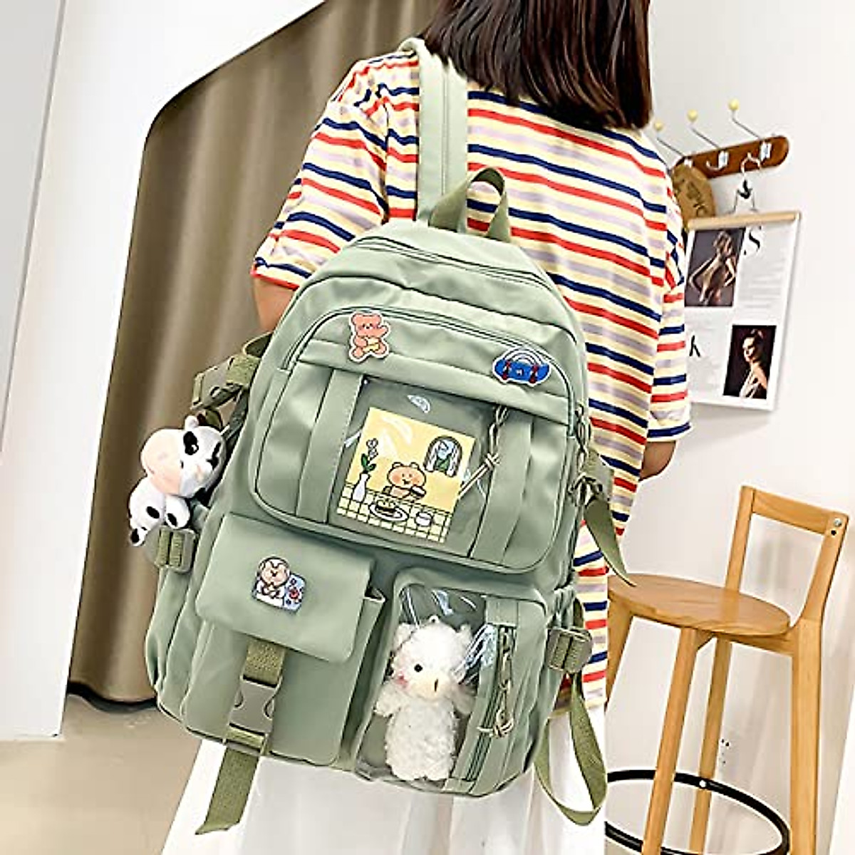 New Aesthetic Backpack Kawaii Backpack with Badge Pins Keychain Pendant Light Weight Travel Backpack