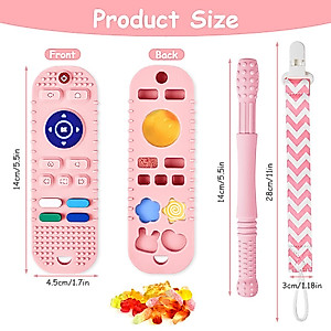 Silicone Baby Teething Toys, Remote Control Shape Teethers Toys with Teething Tubes and Pacifier Clip, Baby Teething Toys for 3+ Months, Remote Teething Toys BPA Free/Freezable/Dishwasher Safe(Pink)