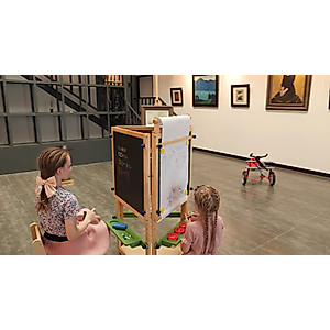 FLYING OLLY Deluxe Kids Art Easel(Solid Pinewood), Tri-Sided Toddler Easel w/Blackboard, Whiteboard& Chalkboard,1 Paper Roll, and Art Supplies(86-in-1 Set) for Toddler Kids 3-9 for Daycare, Kids Room
