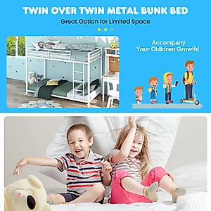 GOFLAME Twin Over Twin Bunk Bed, Metal Frame Loft Bunk Bed with Ladder and Guard Rail, Heavy-Duty Slatted Floor Bunk Bed Frame for Kids, Teens, No Box Spring Needed (White)