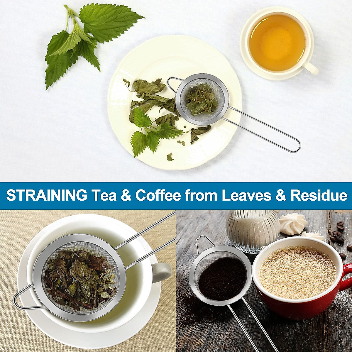 Fine Mesh Strainer Set of 2, P&P CHEF 3.3” Stainless Steel Conical Sieve Tea Strainer with Long Handle for Kitchen, Filtering Tea, Coffee, Cocktail, Juice, Healthy & Dishwasher Safe, (Silver)