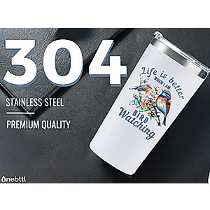 Onebttl Bird Watching Gifts, Bird Watching Tumbler for Bird Lovers & Bird Watchers, 20oz Stainless Steel Insulated Tumbler with Lid & Straw, Gift Card & Box Included, Best Gift for Birthday - White