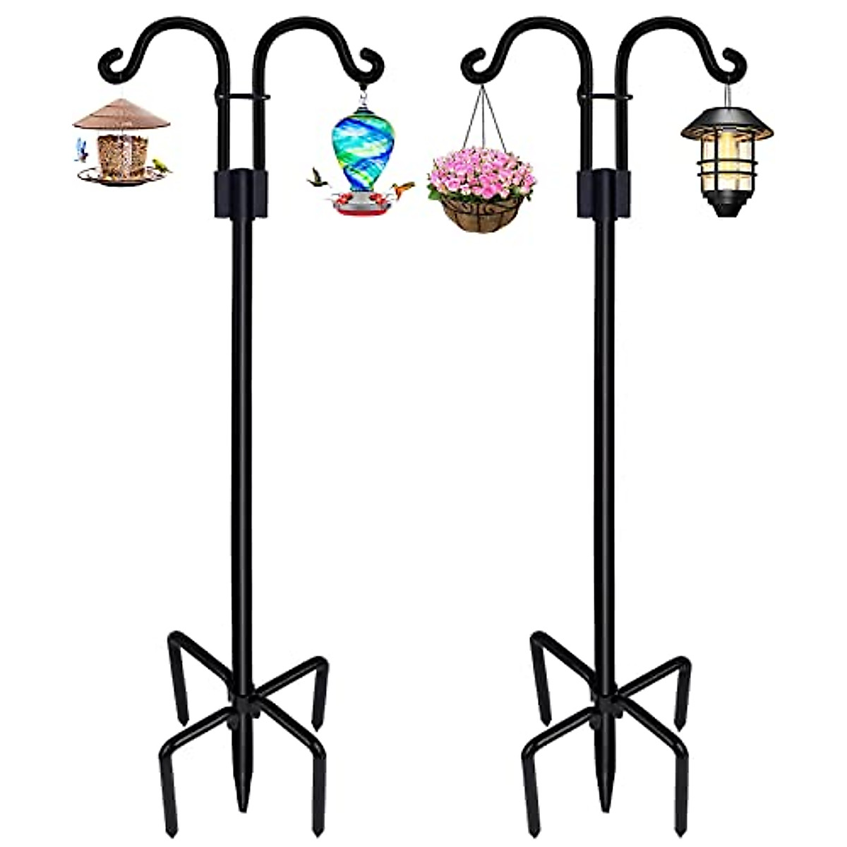 STAUKOK Double Shepherds Hooks for Outdoor, 2 Pack 92 Inch Bird Feeder Pole with 5 Prongs Base, Heavy Duty Garden Hook for Hanging Plant, Lantern, Hummingbird Feeder