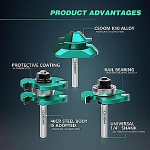 CSOOM 3PCS 45 Degree Miter Router Bits & Tongue and Grooving Router Bits All with 1/4 Shank, Ideal for MDF, Hardwood, Softwood, and Particleboard.