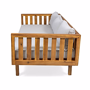 Christopher Knight Home Tina Outdoor 3 Seater Acacia Wood Daybed, Teak Finish, Light Grey