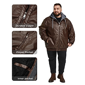 wantdo Men's Big and Tall Faux Leather Jacket Winter Coat Motorcycle Jacket With Removable Hood Coffee X-Large Tall