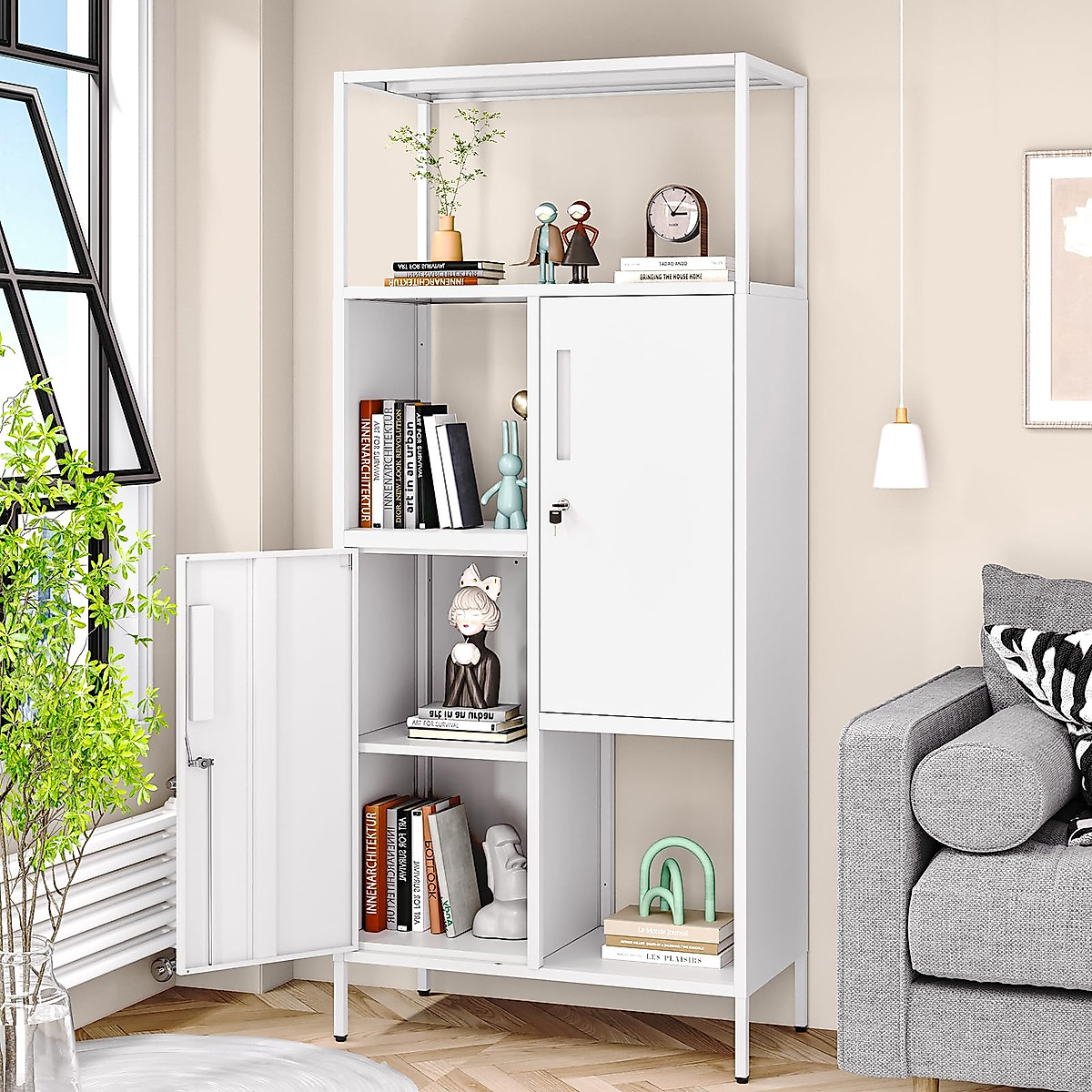 AFAIF Bookshelf with Doors, 71" H Tall Bookcase with Storage Shelves and Lock, Modern Open Shelf Bookcase, White Metal Bookcases with Storage Cabinet for Home Office, Bedroom, Living Room