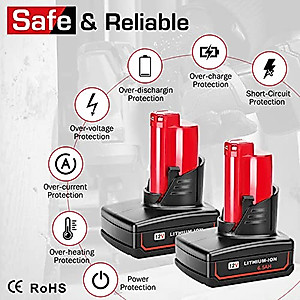 Touyeet 2 Pack 6.5 Ah 12V Lithium Battery Replacement for Milwaukee M12 12V Tools Battery, Compatible with 48-11-2401 48-11-2411 48-11-2420 48-11-2440 48-11-2410 Cordless Tools 12 Volt Battery