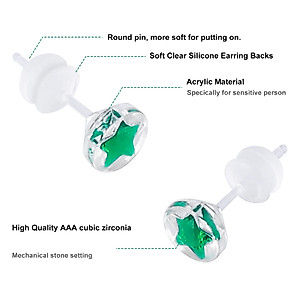 12 Pairs Plastic Earrings for Sensitive Ears, Plastic Post Stud Earrings, Star Heart Birthstone Cubic Zirconia CZ Stud Earrings for Women (Star 3mm)