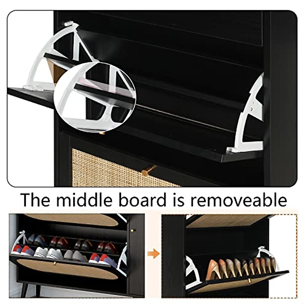 SSLine Shoe Cabinet with 3 Flip Down Storage Shelves Free-Standing Wide Shoe Rack Modern Black Wood Shoe Storage Cabinet Organizer with Rattan Decor,Drawer& Side Cupboard for Entryway Hallway Doorway