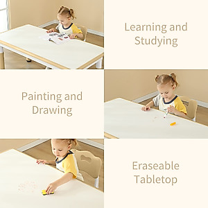 CuFun Kids Table and 4 Chairs Set, Children Study Desk, Dining Table, Height Adjustable Plastic Desk Painting Desktop Toddler Furniture for Boys and Girls (Beige)