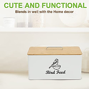 Brabtod Bird Seed Storage Container-Rectangular Pet Food Tin-with Bird Seed Scoop,Metal Airtight Bird Food Feeder with Wooden Lid, Ideal Store Sunflower Seed Wild Birdseed-White