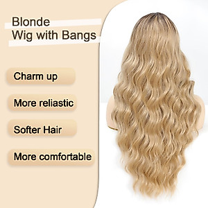 QYDEERY Ombre Blonde Wig with Bangs for Women 613 Synthetic Curly Wigs Long Blonde Wavy Wigs for Cosplay 26 Inch