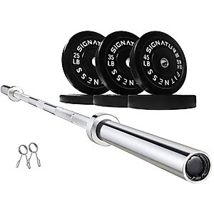 Fitvids 2" Olympic Bumper Plate Weight Plates with Steel Hub, 210LB Set (2X 25/35/45LB), Black, with 7FT Olympic Barbell (Chrome)