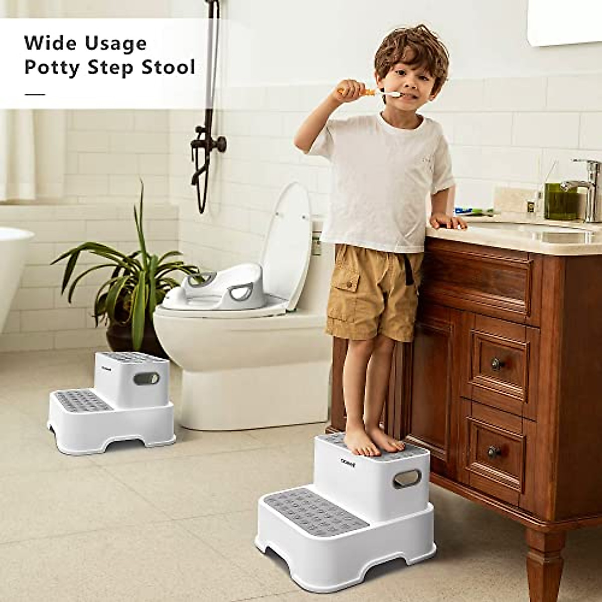 Potty Training Seat with Step Stool for Kids Potty Training Toddler Toilet Seat Attached To Regular Toilet Seat for Boys Girls Bathroom, 2 Cushions and Hook