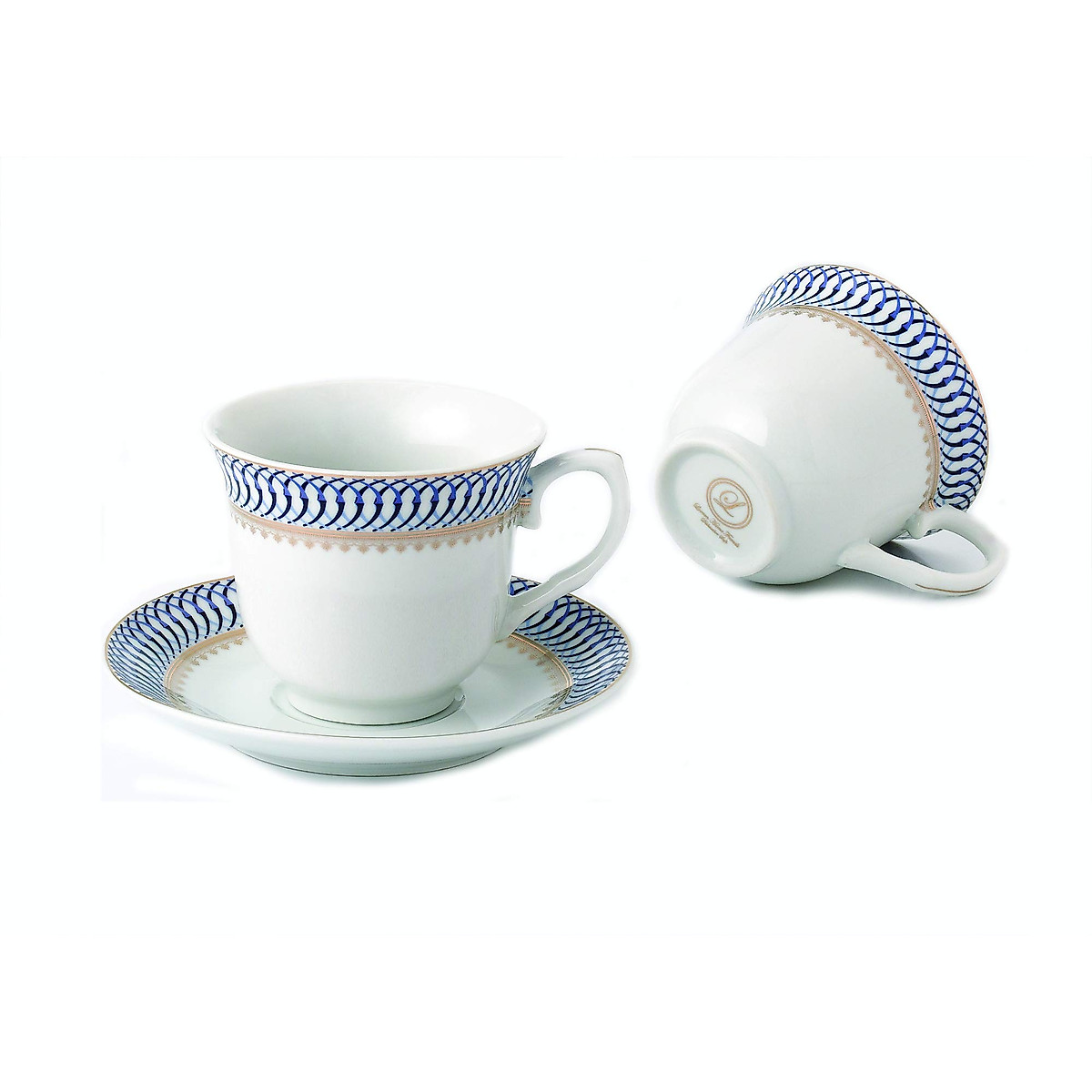 WORLD GIFTS Elegant Durable and Colorful Porcelain Tea-Coffee Cups and Saucers Set - Blue and Gold, 8 oz. Set of 4