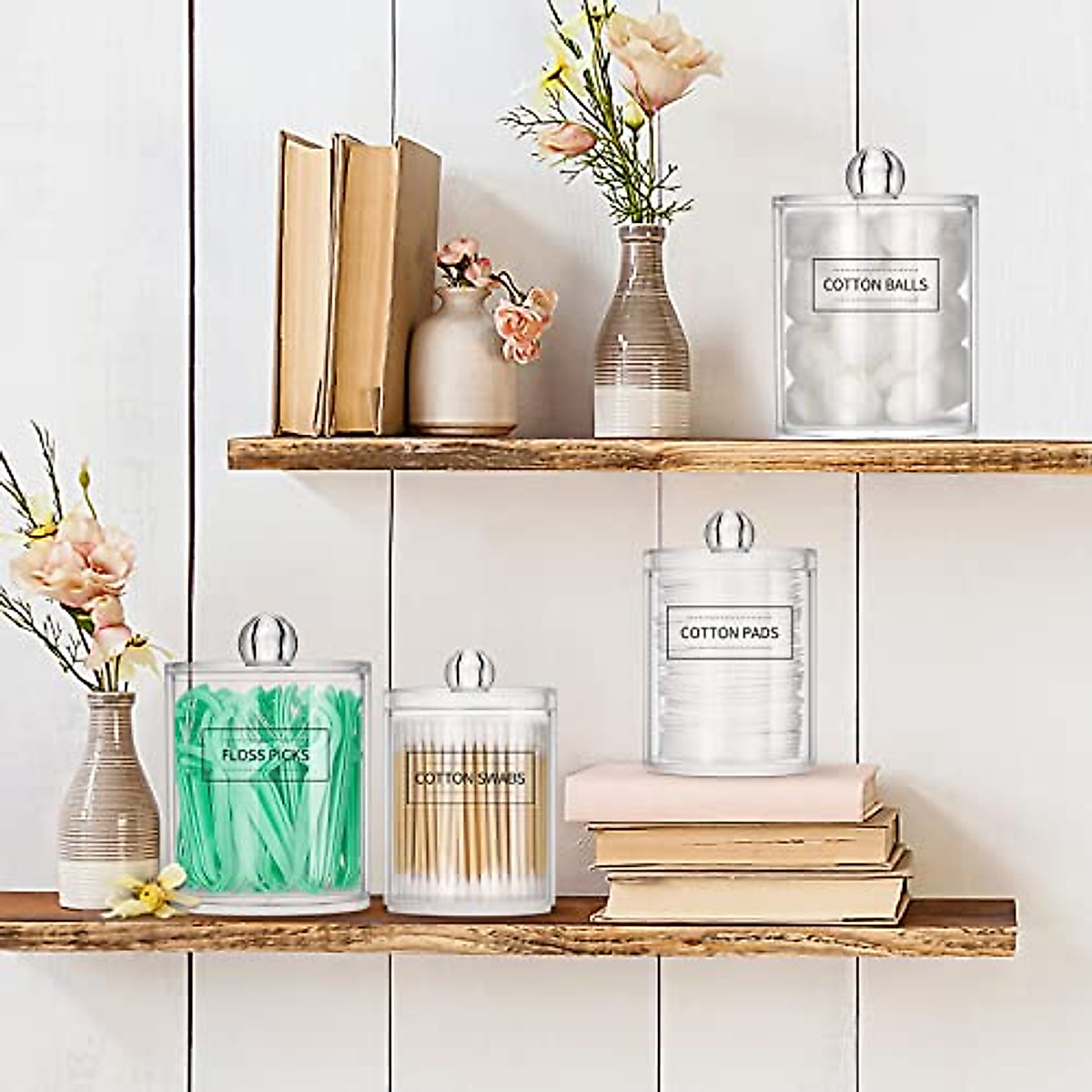 4 Pack Qtip Holder Dispenser - 10oz, 12oz Clear Plastic Apothecary Jars Set - Restroom Bathroom Makeup Organizers Containers for Floss, Cotton Ball, Cotton Swab, Cotton Round Pads, Hair Ties, Bath Salt