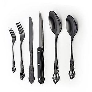 24 Pieces Black Silverware Set for 4, Stainless Steel Flatware Set Serving include Spoon Forks Knives, Kitchen Utensils Set, Tableware Cutlery Set with Steak Knives For Home Kitchen Restaurant Hotel
