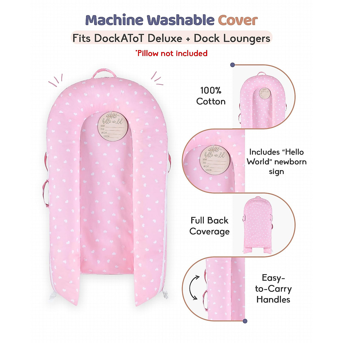 Newborn Lounger Cover for DockATot Deluxe | Cover Replacement Only for Baby Nest | 100% Cotton | Includes “Hello World” Sign (Pastel Geometry) | The Cover is not Created by Dockatot