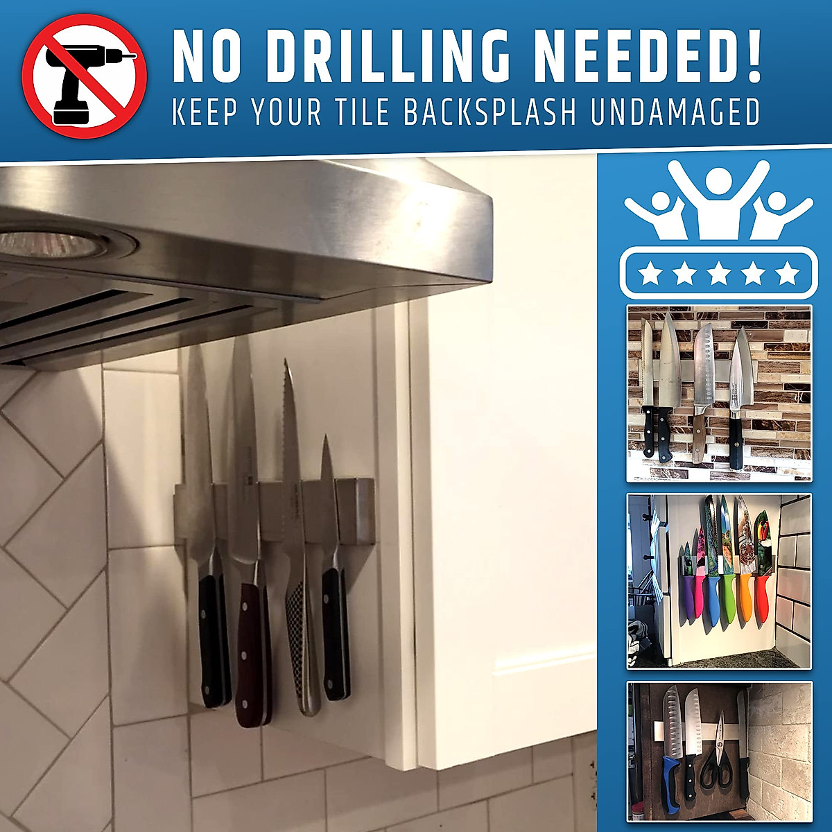 Strong Adhesive (No Drill) Magnetic Knife Holder for Wall - Professional 10 Inch Knife Strip - No Screws Needed - Adhesive Backing - Stainless Steel Knife Bar (Upgraded Version – Will Not Fall)