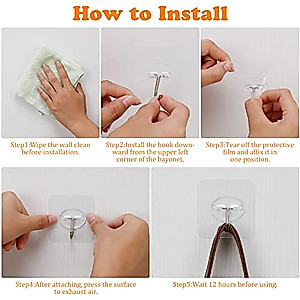 COLOGO Adhesive Hooks 24lb(Max) 60 Pack Heavy Duty Self Adhesive Hooks, Transparent Reusable Seamless Adhesive Wall Hooks for Kitchens, Bathroom, Office