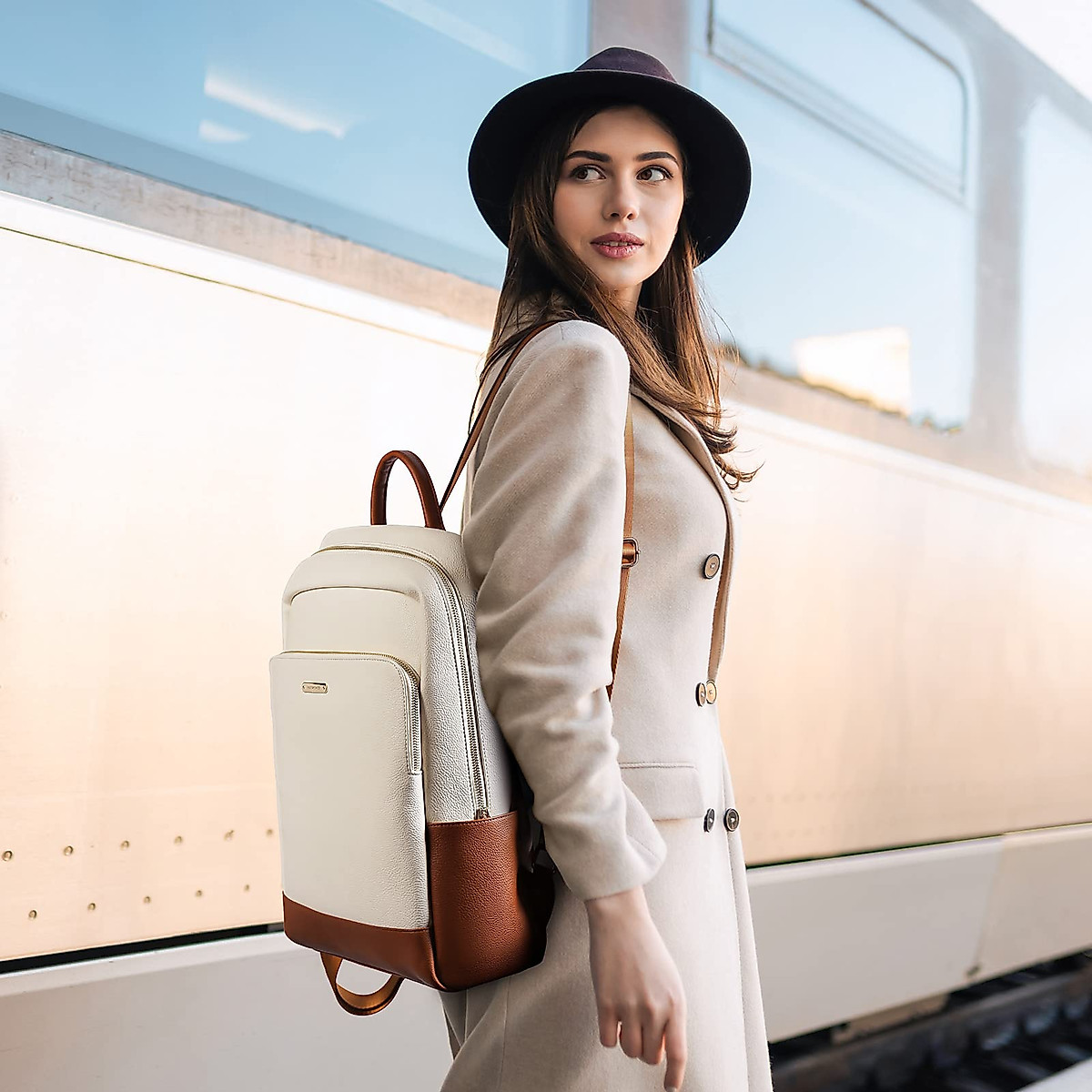 WESTBRONCO Leather Backpack Purse for Women 15.6 inch Laptop Backpack for School, Work, & Travel Beige
