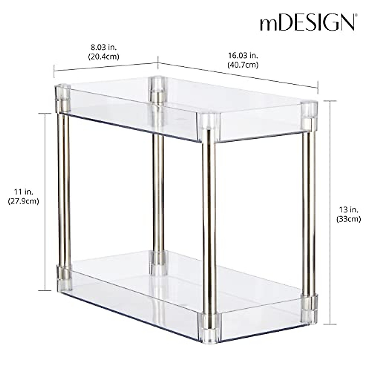 mDesign Slim 2-Tier Household Stackable Storage Shelf Organizer Tray for Cabinet or Counter in Bathroom, Kitchen, Craft Room, Laundry Room, Office, and Kid's Playroom - Clear/Chrome