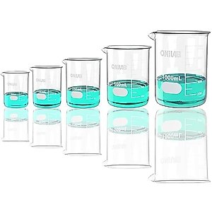 ONiLAB Glass Measuring Beaker Set 50ml 100ml 250ml 500ml 1000ml(Pack of 5) 3.3 Boro Griffin Low Form with Printed Graduation Scientific Glassware for Laboratories, Classrooms or Home Use