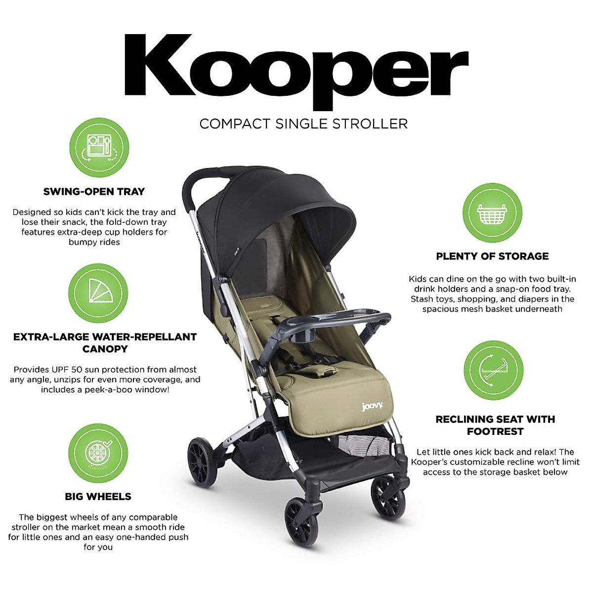 Joovy Kooper Lightweight Baby Stroller Featuring Removable, Swing-Open Tray, Big Wheels, Reclining Seat with Footrest, Extra-Large Retractable Canopy, and Compact Fold (Olive)
