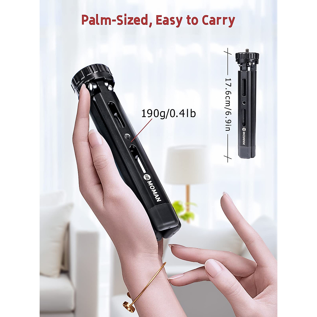 Mini Camera Tripod, Moman Tabletop Travel Tripod Desktop TR01S with 1/4 and 3/8 Screw Mount and Function Leg CNC Aluminum Design for Camcorder Gimbal Stabilizers Max Payload of 5Kg, Black