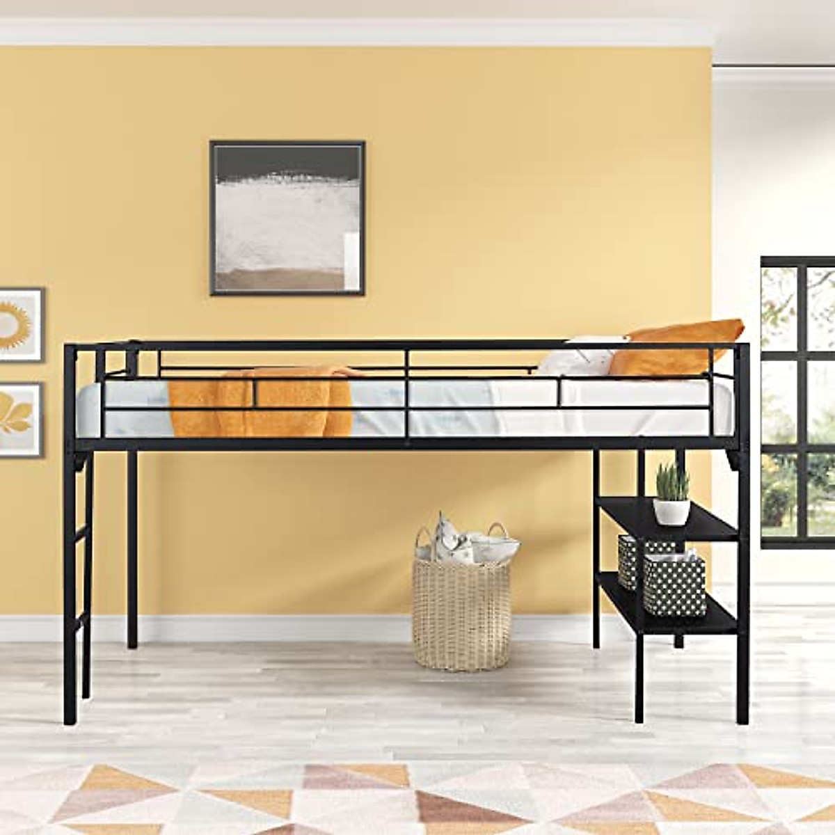 Neylory Low Loft Bed Twin with Storage Shelves, Metal Loft Beds for Kids with Ladders and Guard Rails, Space Saving Black Twin Size Loft Bed for Girls Junior Children