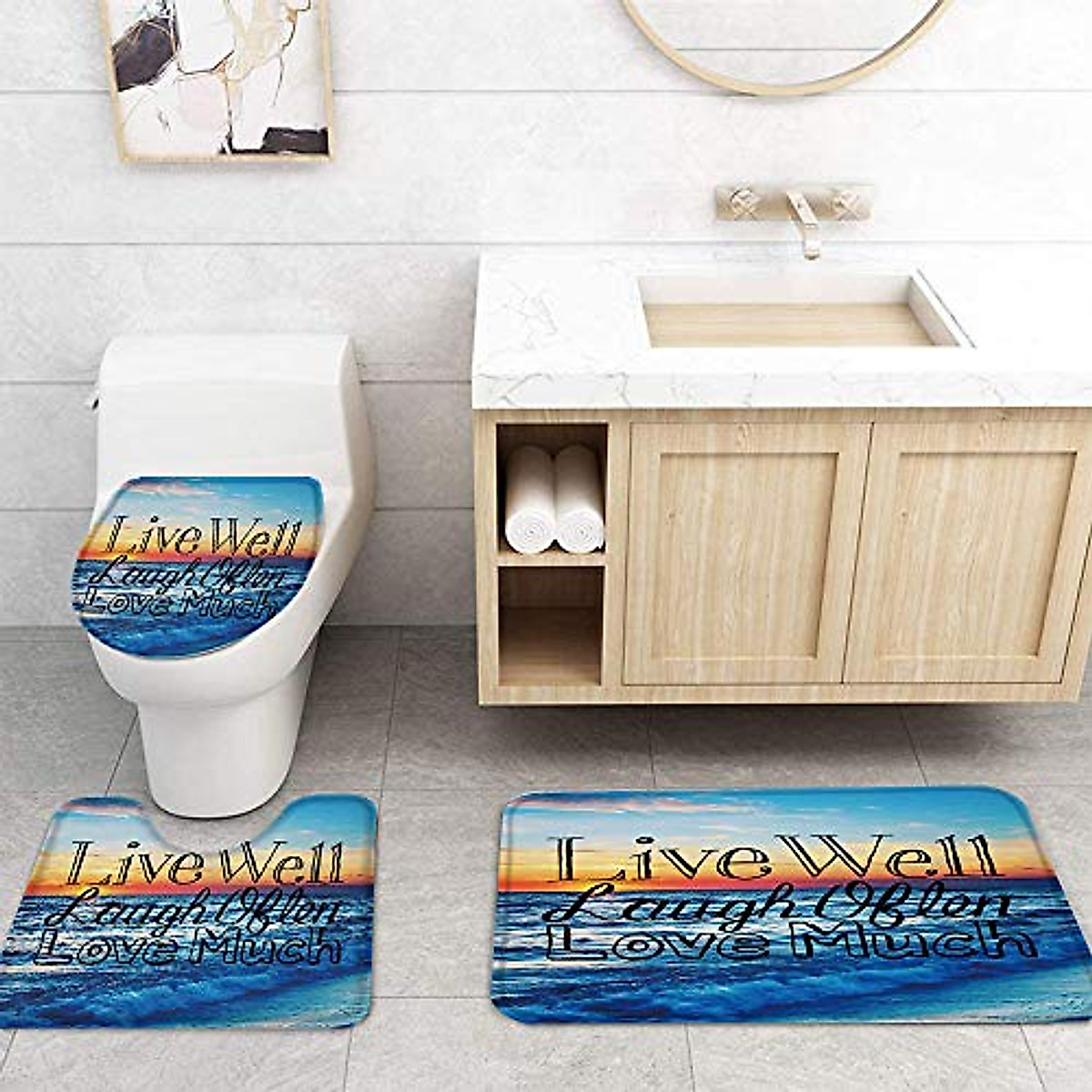4 Pcs Shower Curtain Sets with Rugs Live Well Laugh Often Love Much Non-Slip Soft Toilet Lid Cover for Bathroom Beach Sunset Bathroom Sets with Bath Mat and 12 Hooks