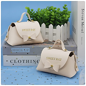 8 pack Exquisite Leather Bowknot Handbag Treat Boxes Gift Boxes with Handle, 5"x3.5" Reusable Wedding Party Favor Boxes Small Size Candy Gift Bags with Bow for Baby Showers Birthday Christmas Party