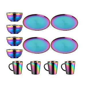 Dinnerware Sets Plates And Bowls Espresso Cups, Stainless Steel Dishes Pasta Bowls Insulated Coffee Mugs Set of 4, 12 Pcs Kitchen Essentials For Home Apartment Wedding Buyer Star, Rainbow