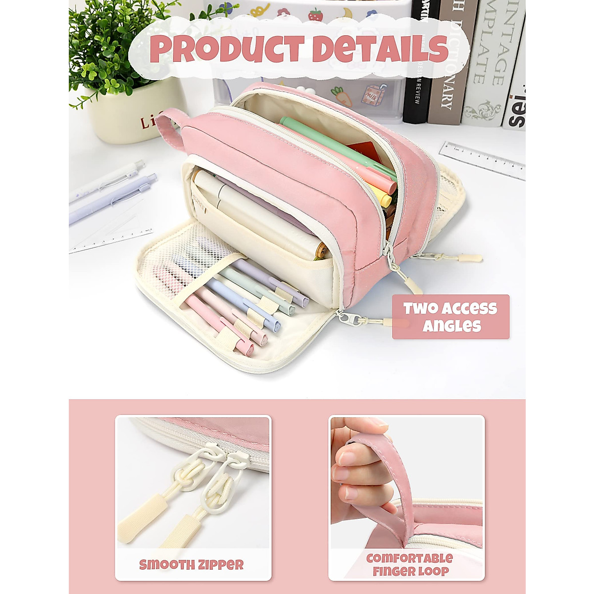 SUNEE Cute Pencil Case, Aesthetic Pen Pouch with 3 Compartments, Kawaii Colored Large Pencil Bag with Zipper, Stationery Storage and Organizer, Pink School Supplies for Teen and Adult Girls