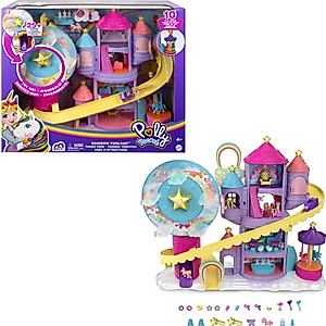Polly Pocket Dolls & Playset, Rainbow Funland Theme Park with 2 Unicorns, Polly & Shani Micro Dolls, 25 Surprise Accessories