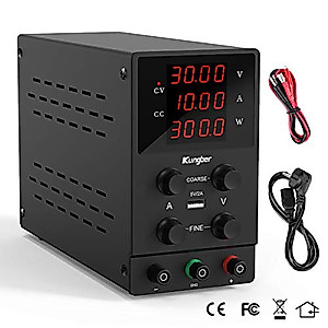 Kungber DC Power Supply Variable, 30V 10A Adjustable Switching Regulated DC Bench Linear Power Supply with 4-Digits LED Power Display 5V/2A USB Output, Coarse and Fine Adjustments with Alligator Leads