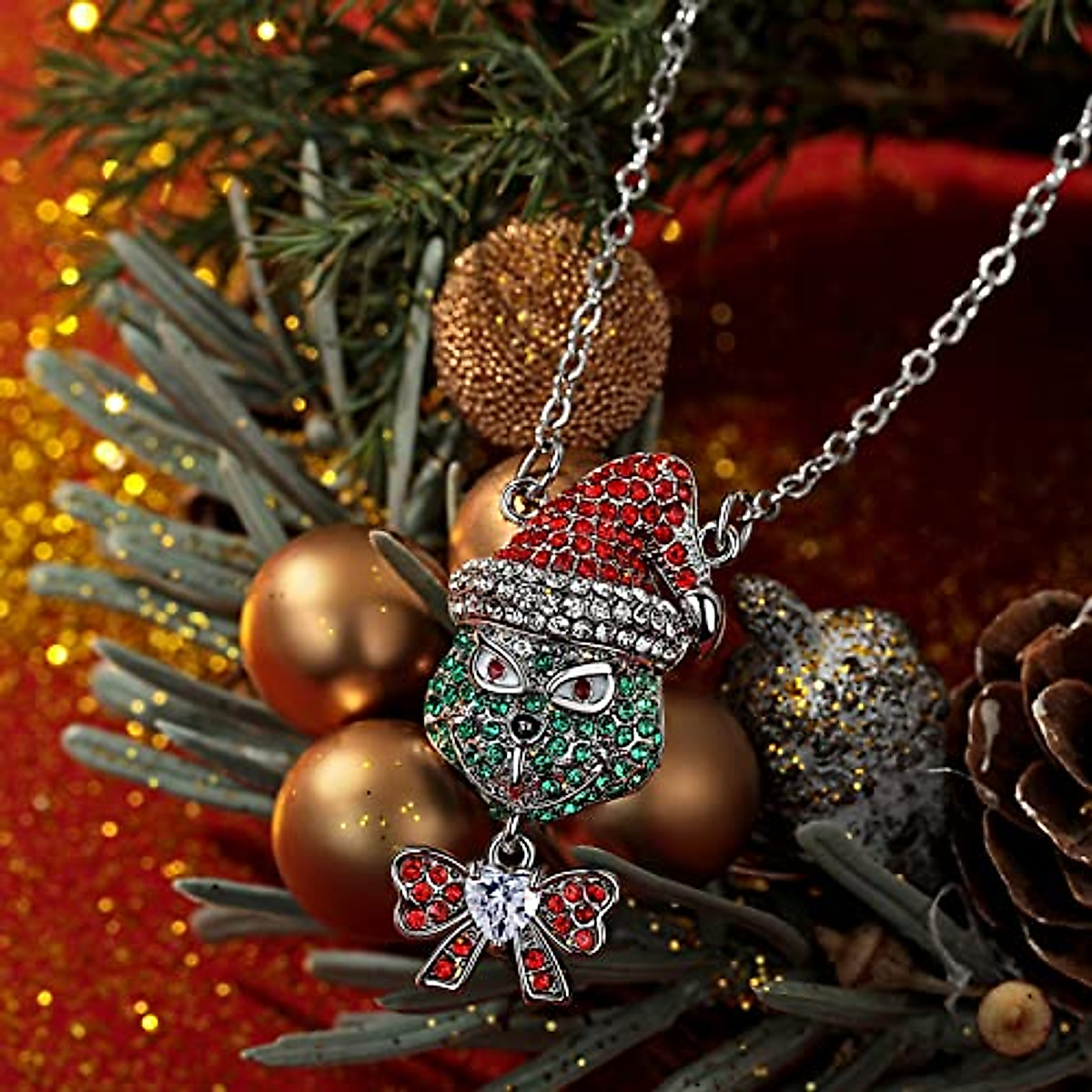 Dckazz Christmas Necklace for Women Grinch Bow Necklace Xmas Christmas Gift Holiday Jewelry for Christmas New Year Party Accessories