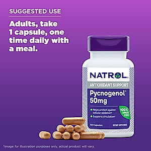 Natrol Pycnogenol Capsules, Antioxidant Protection, Supplement Protects Against Cellular Oxidation and Age-Related Damage, European Maritime Pine Bark Extract, Supports Circulation, 50 mg, 60 Count