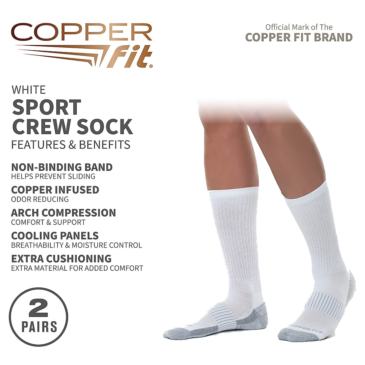 Copper Fit unisex adult Crew Sport - 2 Pack Running Socks, White, Small-Medium US