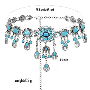 Vintage Flower Turquoise Chain Belts Silver Pear coin Pendant Metal Waist Belt Western Body Jewelry for for Women Dress Vest Jeans for Waistline 25-45inch (Silver Plated)
